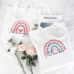 2 Pieces Rainbow Canvas Bag Inspirational Boho Tote Bag with Zipper Back to School Gift for Girls Kids Thank You Gift for Teacher Reusable Canvas Bag for Girls Women Daughter Bff Birthday Favors