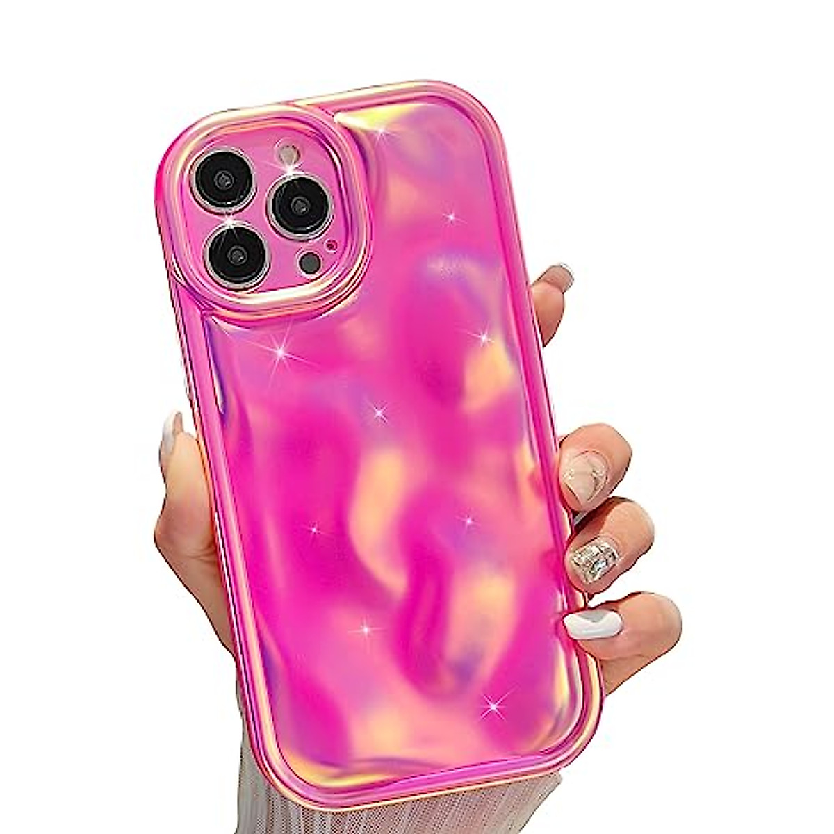 LY&SASIF Compatible with iPhone 14 Pro Holographic Case, Cute Laser 3D Water Ripple Bling Glitter Luxury Wave Shape Phone case for Women Girls Silicone Protection Cover (hot Pink)
