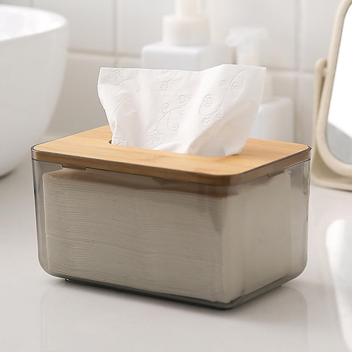 Cabilock Car Napkin Holders Tissue Holder Rectangular Tissue Box Holder Dryer Sheet Dispenser Box with Wood Lid Transparent Napkin Container Tissue Organizer for Living Room Bathroom