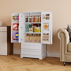 Gizoon 47" Kitchen Pantry Storage Cabinet with Drawers Freestanding Bathroom Storage Cabinets with Doors and Shelves, Small Food Pantry Cabinet for Dining Room Craft Room, White