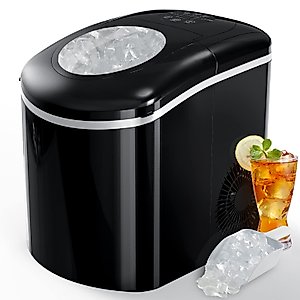 Ice Maker Machine for Countertop - Portable Ice Cube Maker delivers 24 Ice Cubes in 15 Min, 33Lbs/24H, Self-Cleaning, Ice Scoop & Basket, LCD Display, Visible Window, for Home Use/Party/Camping, Black