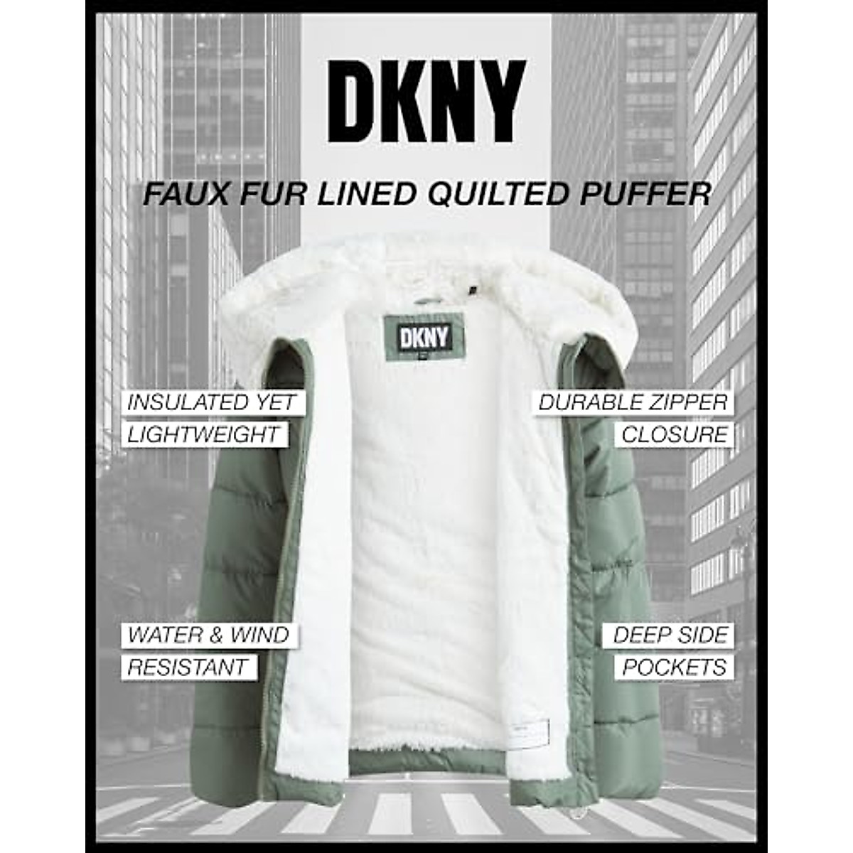 DKNY Girls' Winter Coat - Sherpa Fur Lined Heavyweight Quilted Puffer Parka - Insulated Winter Ski Jacket for Girls (4-16), Size 7-8, Sage