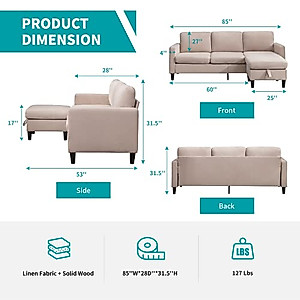 BALUS Sectional Sofa Bed, 85" W Linen Sleeper Couch with Storage Ottoman, Convertible Sleeper Sofa, Couches for Living Room, Chaise Lounge Indoor, Easy Assembly, Beige