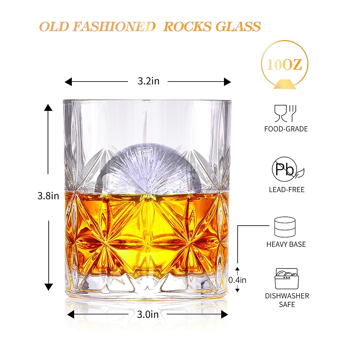 veecom Whiskey Glasses, Whiskey Glass Set of 2 with Ice Molds, 10 OZ Crystal Rocks Glass, Old Fashioned Bourbon Glass for Cocktail, Scotch, Cognac, Vodka, Whiskey Gifts for Men, Fathers Day