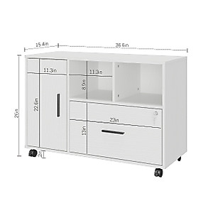 Wood File Cabinet with Lock, 1-Drawer Wooden Office Lateral Filing Cabinet on Wheels Mobile Printer Stand with Open Storage Shelf for Letter/Legal/A4 Size Files (White)