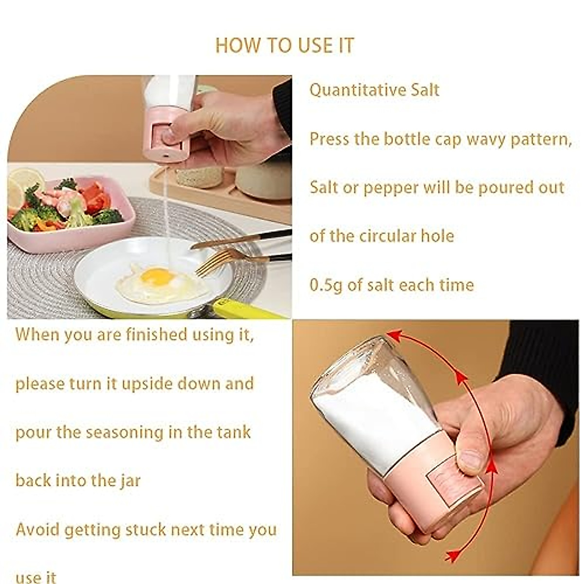 Salt and Pepper Shakers Precise Quantitative Push Type, Glass Metered Salt Dispenser, Measuring Salt and Pepper Shakers, Salt Healthy Intake Suitable for Home Cooking-2pcsF