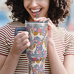 Cavalier King Charles Spaniel Gifts for Women Dog Lovers 40 oz Floral Cavalier King Charles Spaniel Tumblers with Handle and Straw, Stainless Steel Vacuum Insulated Travel Coffee Mug Cup Water Bottle