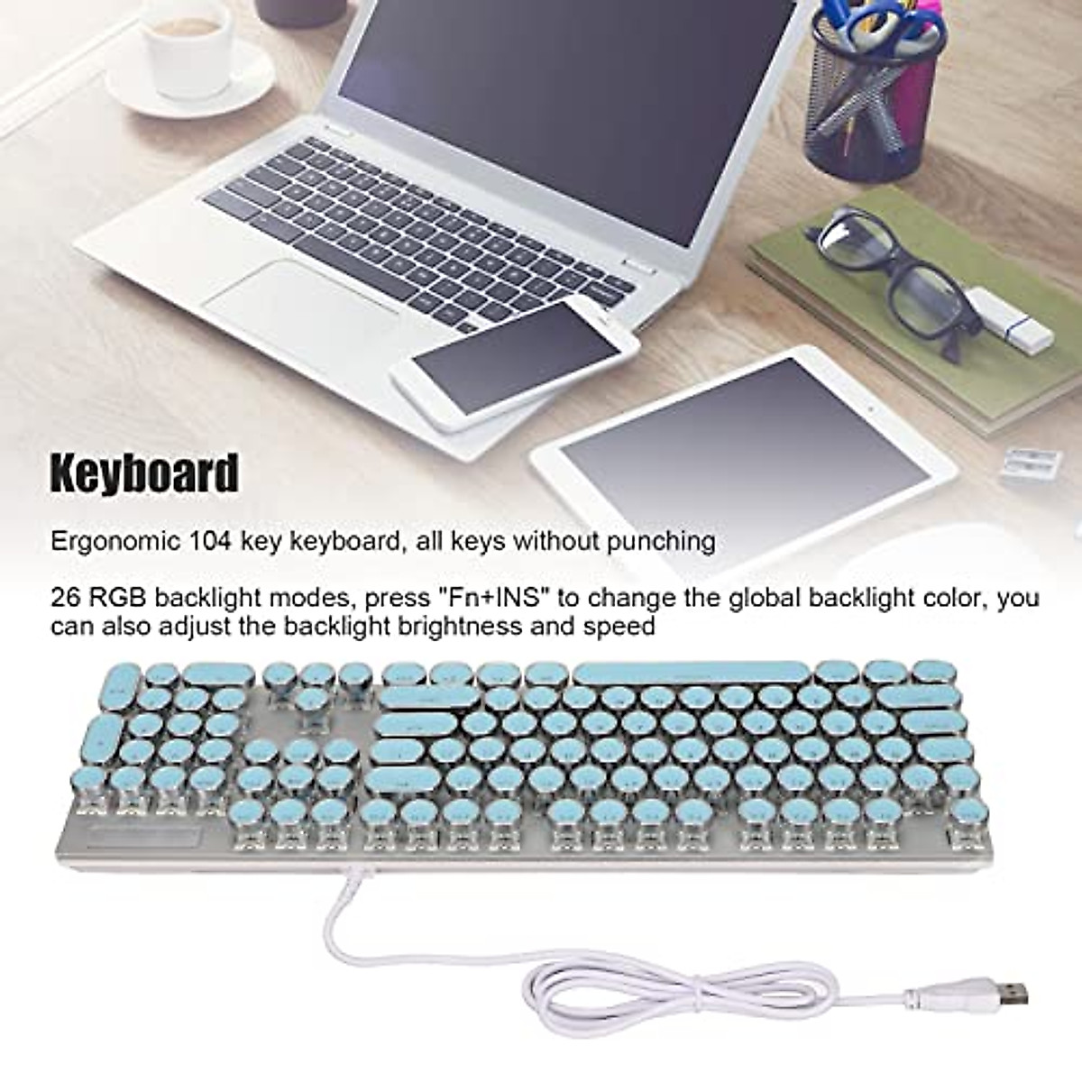 LBEC Blue Switch Mechanical Keyboard, Ergonomic 104 Keys Mechanical Gaming Keyboard Plug and Play Blue Switch for (Blue Switch)
