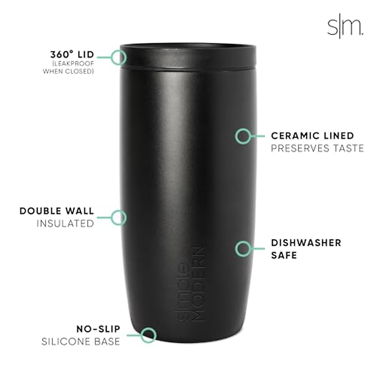 Simple Modern Travel Coffee Mug Tumbler with 360° Lid | Ceramic-Lined Insulated Stainless Steel Cold Brew Iced Coffee Cup | Gifts for Women Men Her Him | Voyager Signature | 16oz | Midnight Black