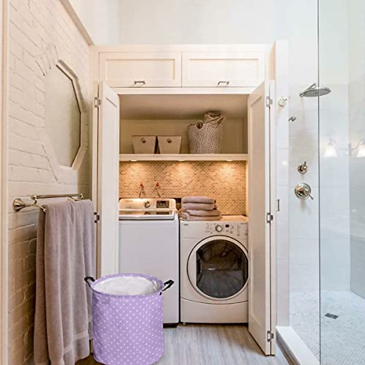 Purple White Polka Dot Large Laundry Basket, Waterproof Laundry Hamper for Baby Clothes, Simple Texture Spring Color Foldable Laundry Baskets with Handles, 13.8''x17''