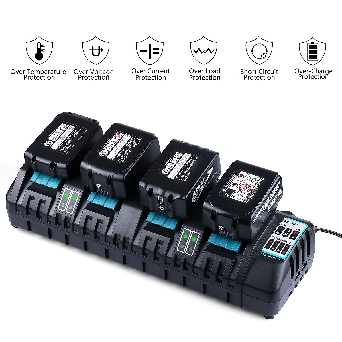18V DC18SF 4-Port Fast Charger with Dual USB Port Compatible with 14.4V 18V LXT Li-ion Battery BL1840 BL1850 BL1860 BL1890, Replacement for 18 Volt Battery Charger DC18RC DC18RD