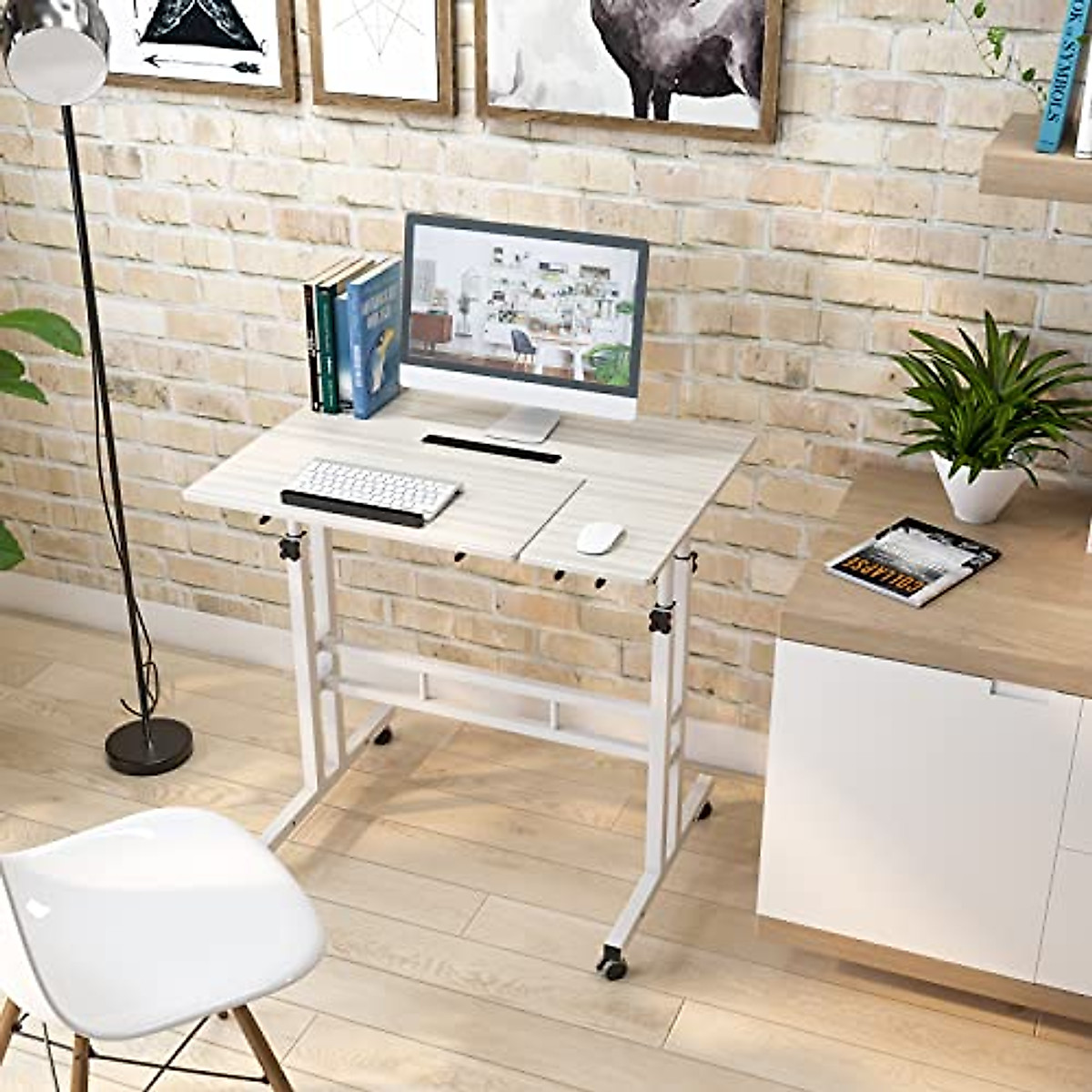 DlandHome Adjustable Rolling Desk Standing Desk, Sit-Stand Desk Cart Mobile Computer Desk Stand Up Desk Office Desk Riser Standing Table Workstation Mobile Desk, Maple