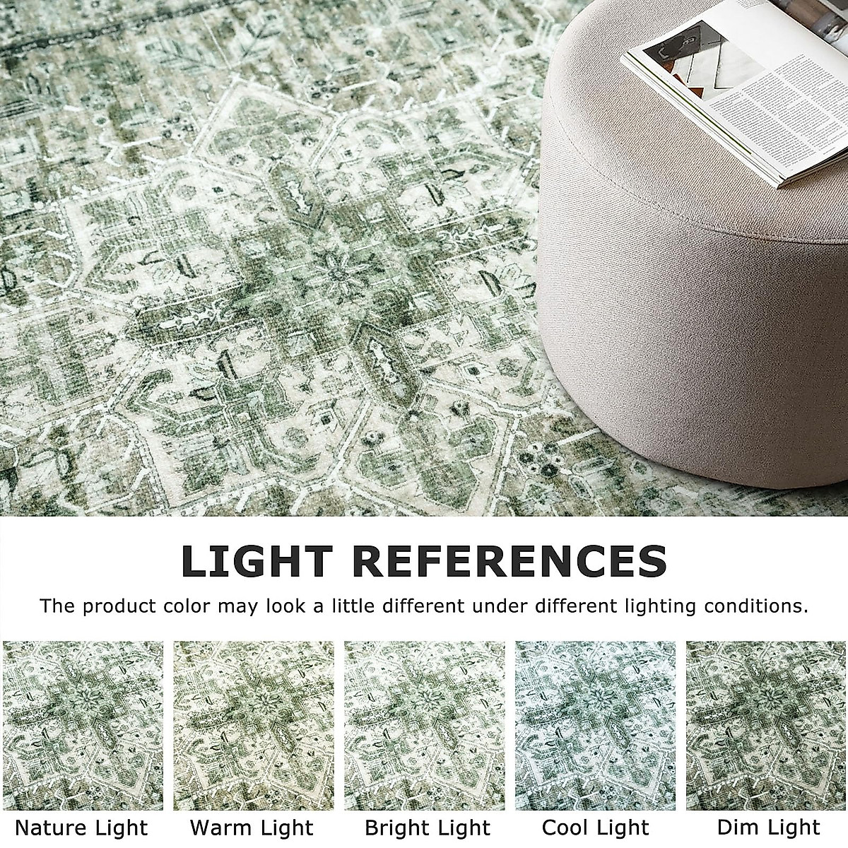 SIILOOM 2x3 Bright Green Washable Rug for Entryway, Soft Traditional Printed Area Rug, Non-Slip Kitchen Rugs, Low-Pile Medallion Indoor Door Mat, Farmhouse Carpet for Entrance Kitchen Foyer