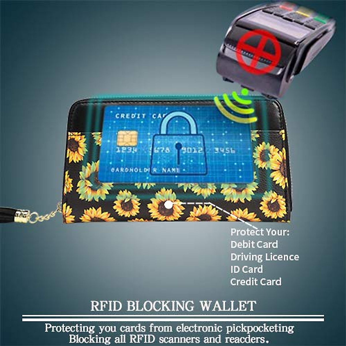 ENYISDAN Wristlet Wallets for Women Sunflower RFID Blocking Leather Zip Cute Long Purse Clutch