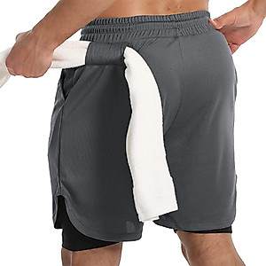 JWJ Men's Running Athletic Workout Sports Mens 2 in 1 Shorts Breathable Gym Short for Men with Pocket, Dark Grey Large