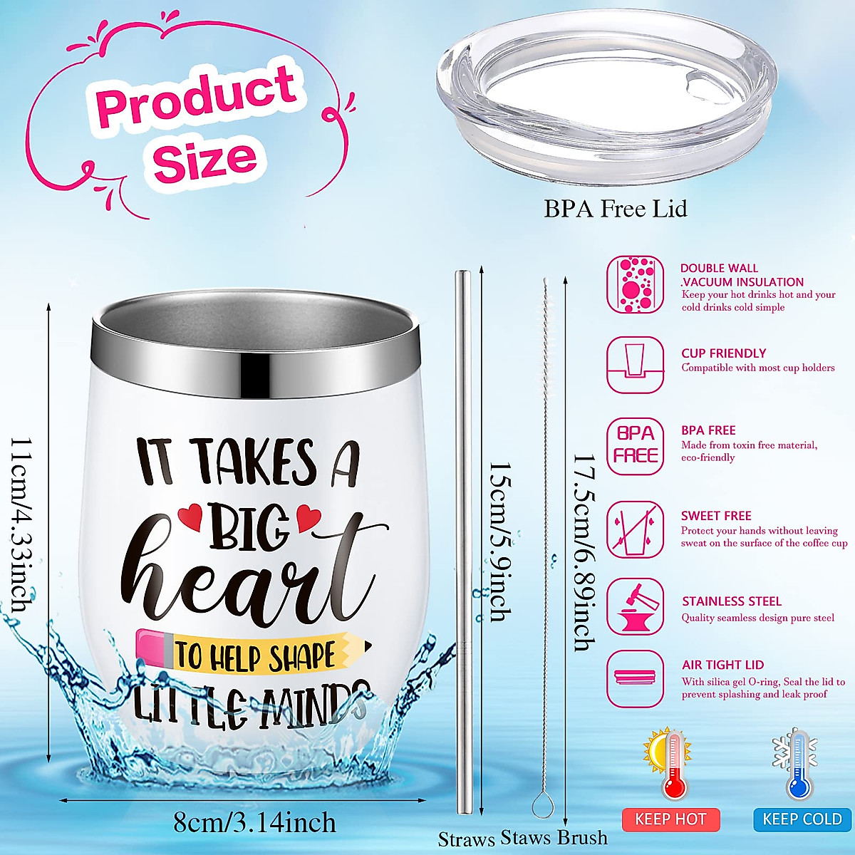 Censen 4 Pcs Teacher Appreciation Gifts Teacher Wine Tumbler with Lid and Straw Brush 12 oz Insulated Stainless Steel Teacher Tumbler Teacher Cup Women Teachers Gifts Wine Mug for Graduation Birthday