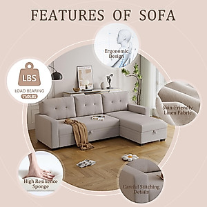 Acosure 82" Sectional Small Sofa with Pull Out Bed,L-Shape Upholstered Sleeper Couch W/Storage Chaise,Tufted Backrest Design,3 Seat Linen Convertible Sofas for Living Room Apartment Office,Beige