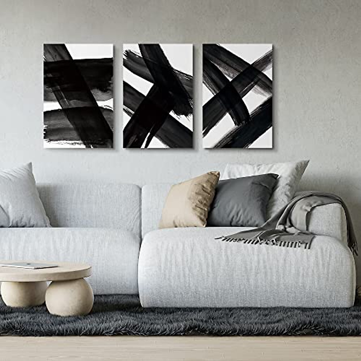ArtbyHannah Black and White Abstract Canvas Wall Art with Strokes Abstract Shapes Illustrations Modern Art Prints for Living Room Bedroom Decoration - 3 Panels 16x24 inch