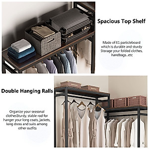 Tribesigns Free Standing Closet Organizer, Clothes Garment Racks with Storage Shelves and Double Hanging Rod, Heavy Duty Metal Wardrobe Closet Storage Clothing Shelving for Bedroom (Rustic Brown)