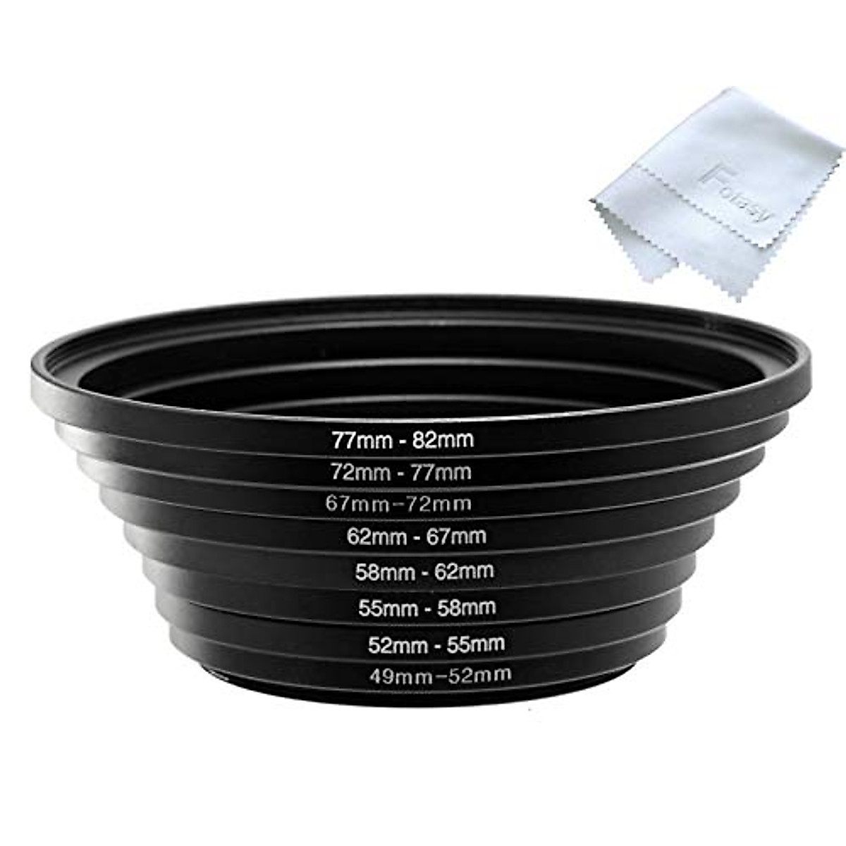 Fotasy Anodized Black Metal Filter Step Up Ring Set, Stepping Lens Adapter Rings 49-52mm 52-55mm 55-58mm 58-62mm 62-67mm 67-72mm 72-77mm 77-82mm (SRU)