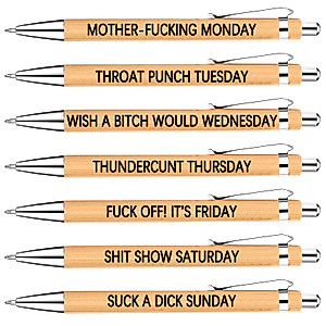Lestp 7Pcs Funny Work Pens for Adults Funny Sarcastic Gifts Funny Bamboo Pens Swear Word Daily Pen Set Seven Days of The Week Pens The Office Gifts for Women Men Coworkers Funny Desk Accessories