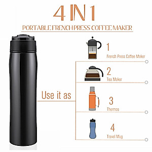 KATOHEKI Portable French Press Coffee Maker Stainless Steel Vacuum Insulated For Coffee/Tea Outdoor Car Travel Cup Coffee Mug, 350ML/12OZ, Black