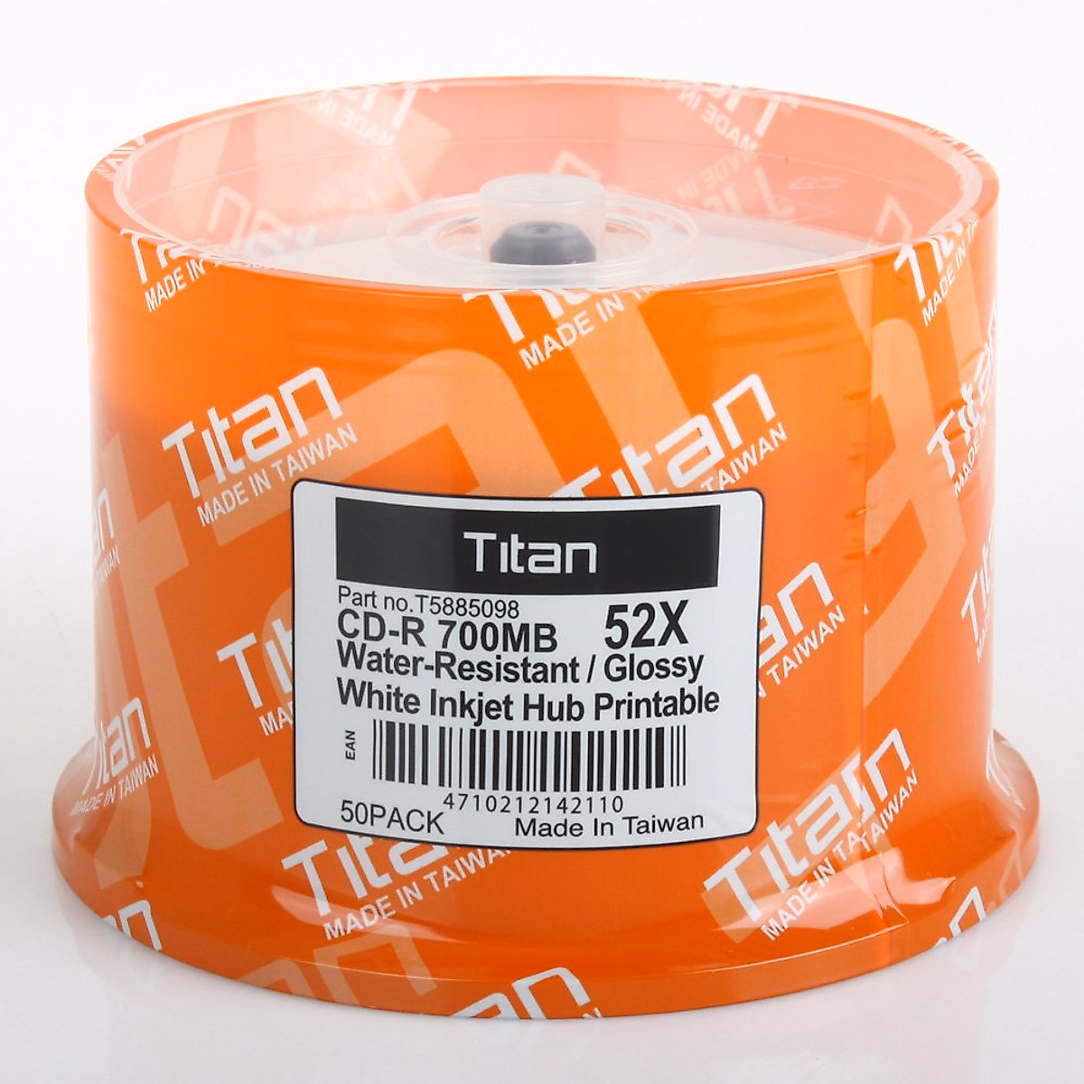 Titan CD-R 52X Water Resistant Glossy White Inkjet Printable Blank Media Discs 700MB (T5885098) in 2 x 50 Cake Box