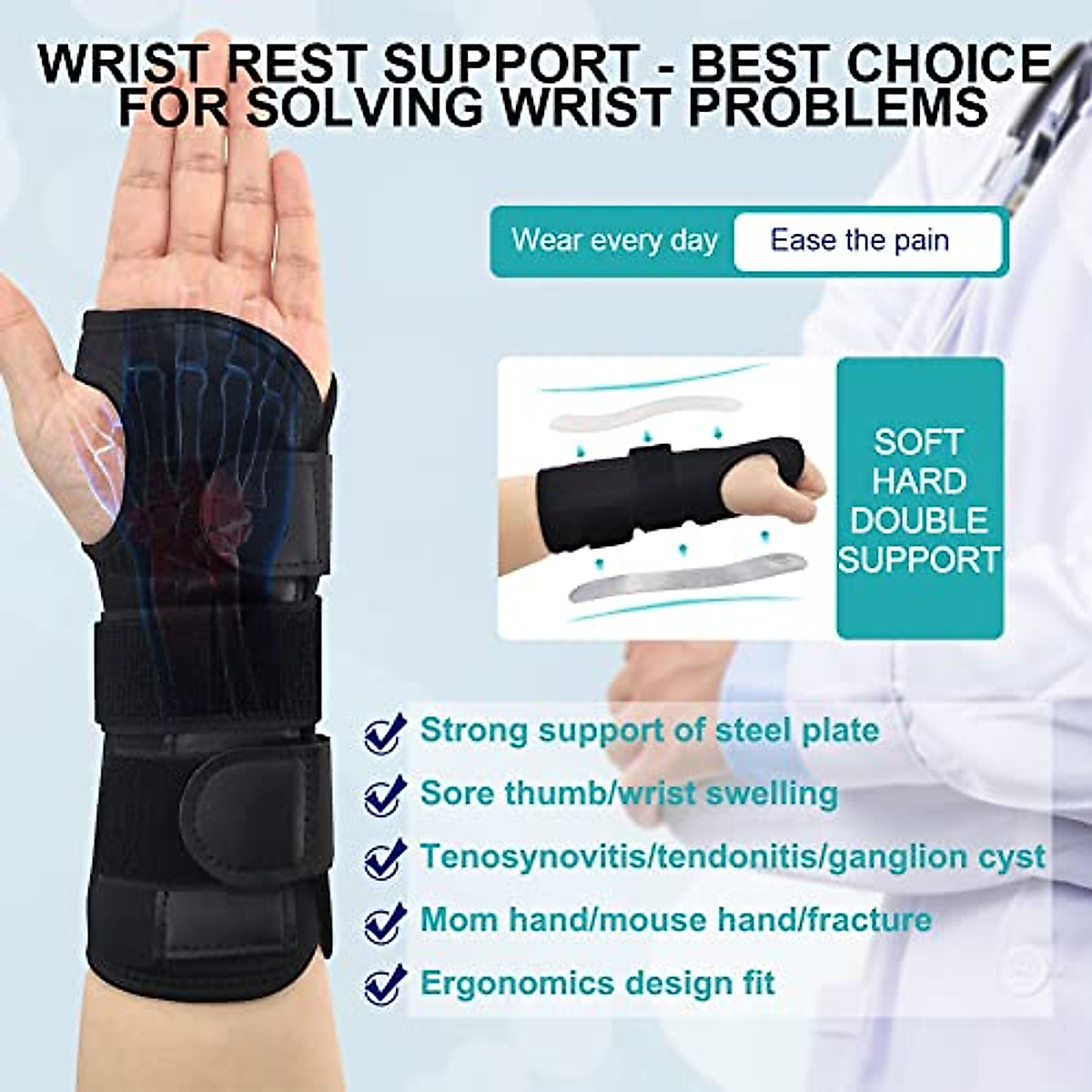 Wrist Brace for Carpal Tunnel, Wrist Support Brace with Splints, Hand Wrist Support Brace for Women & Men, for Pain Relief for Arthritis, Tendonitis, Sprains, Wrist Pain, Sports (Black Right Hand, M)