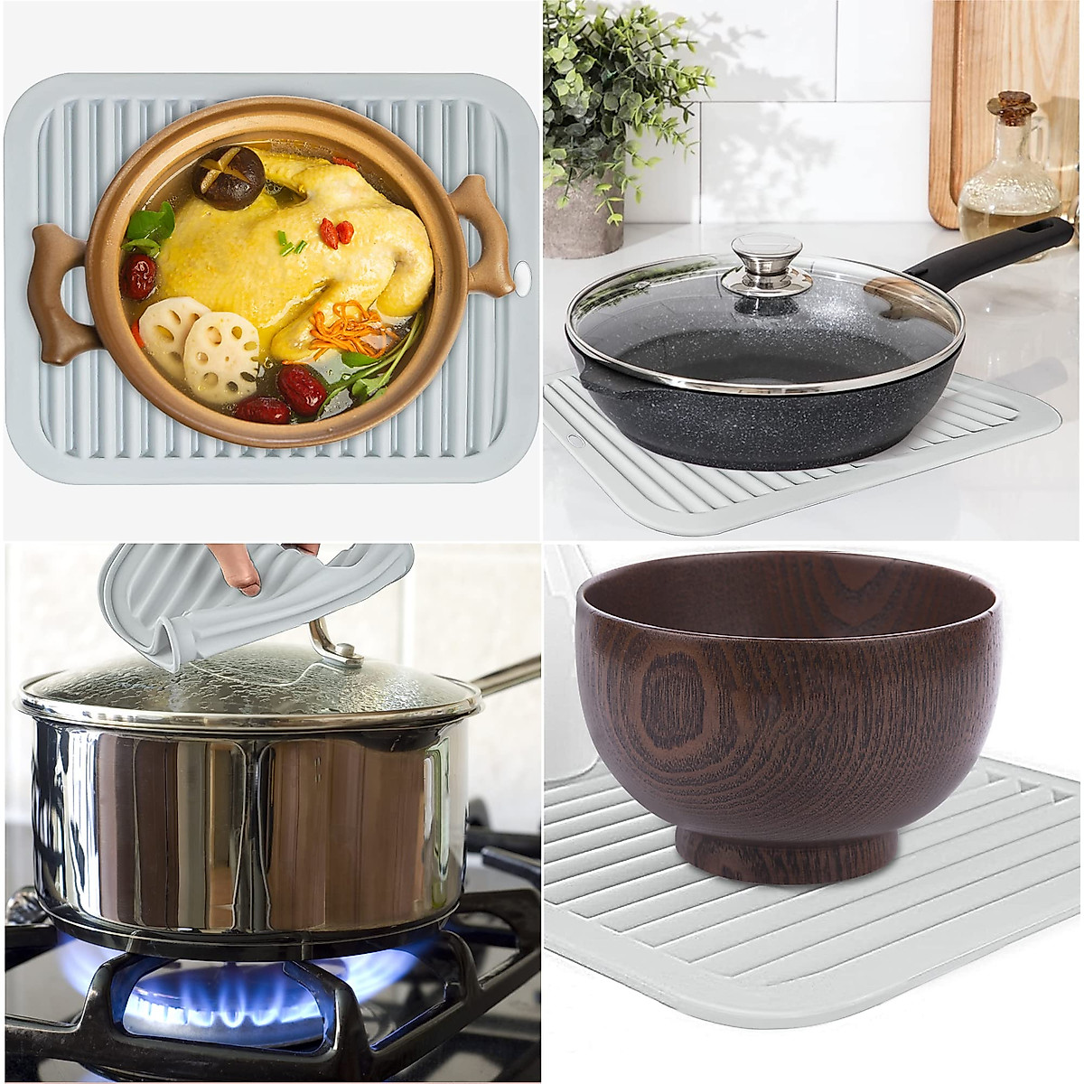 TOPULORS 3 PCS Silicone Trivets for Hot Pots and Pans 9"x12" Heat Resistant Mat Hot Pads for Kitchen Quartz Countertops - Dish Drying Mat Non-Slip Potholders Pot Holders Trivets for Hot Dishes - Gray