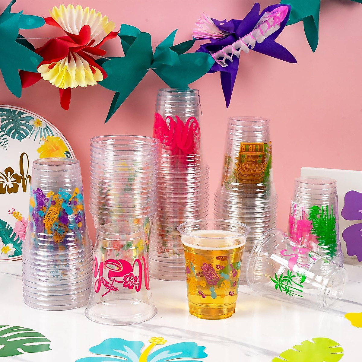 GuassLee 50 Luau Cups for Hawaiian Luau Party Decorations, 12 OZ Tiki Tropical Plastic Disposable Cups for Pool Flamingo Tiki Birthday Party Decor Supplies