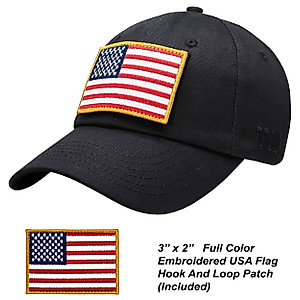 Antourage American Flag Unconstructed Hat for Men and Women Twill Mesh Snapback Baseball USA Flag Cap + 2 Patriotic Patches ((10.8) Black Classic)