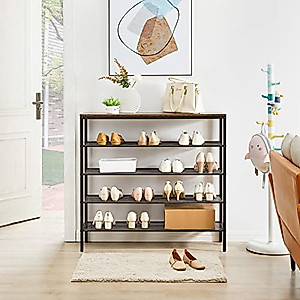 YMYNY Industrial Shoe Rack, 5-Tier Shoe Storage Organizer with 4 Mesh Shelves for 16-20 Pairs, Shoe Shelf for Entryway, Hallway, Closet, 39.4 x 11.8 x 37.4, Metal Frame, Rustic Brown, HD-UHTMJ084H