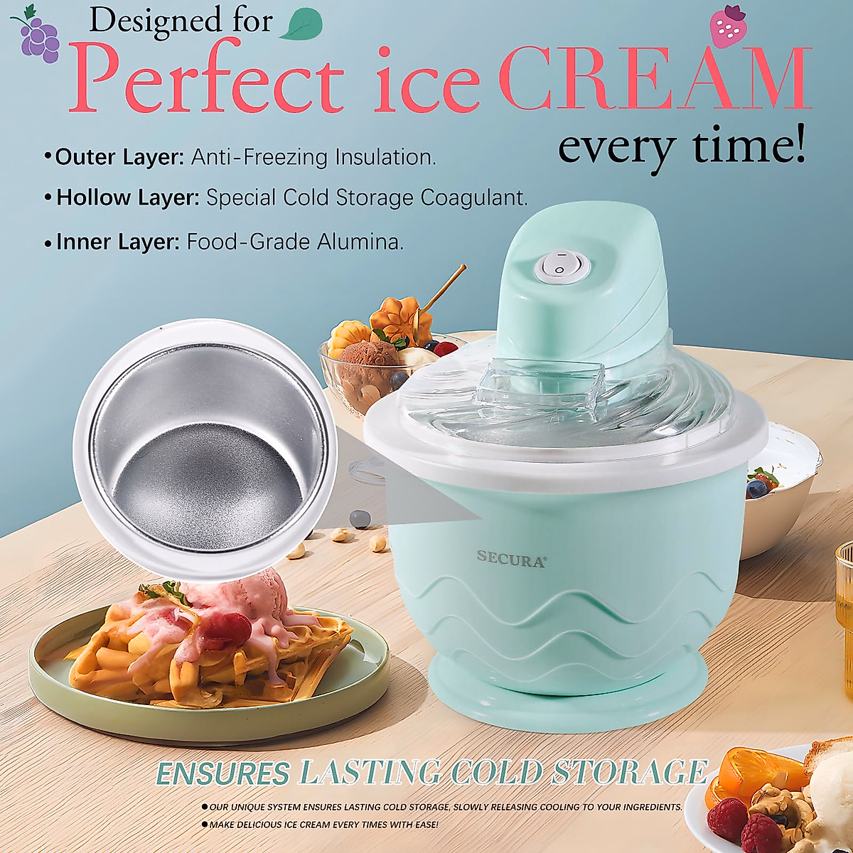 Secura Ice Cream Maker, DIY Visualization Ice Cream Machine for Gelato, Sorbet, Frozen Yogurt, Perfect for Beginners, Food Grade Safe Material, 1QT