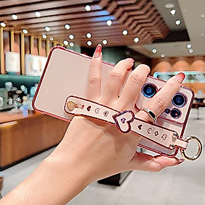 phylla for Samsung Galaxy S21 Ultra 5g Phone Case with Electroplated Cute Hearts Wrist Strap Kickstand Luxury Love Heart Full Camera Protection Cover Soft Shockproof Holder Bumper (Pink)