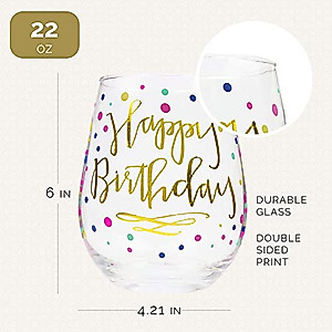 Your Dream Party Shop Happy Birthday 22oz Stemless Wine Glass, Happy Birthday Wine Glass with Gold Print, Perfect Birthday Glass, Happy Birthday Wine Glasses For Women, Birthday Cup