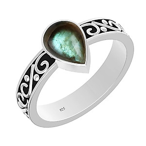 TISHAVI 1.25Cts Sterling Silver Genuine Natural Labradorite Ring For Women, Teardrop Labradorite Birthstone Ring Jewelry Gift For Women Mom Wife Girlfriend Sister