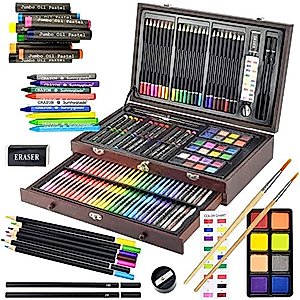 Sunnyglade 145 Piece Deluxe Art Set, Wooden Art Box & Drawing Kit with Crayons, Oil Pastels, Colored Pencils, Watercolor Cakes, Sketch Pencils, Paint Brush, Sharpener, Eraser, Color Chart (Cherry)