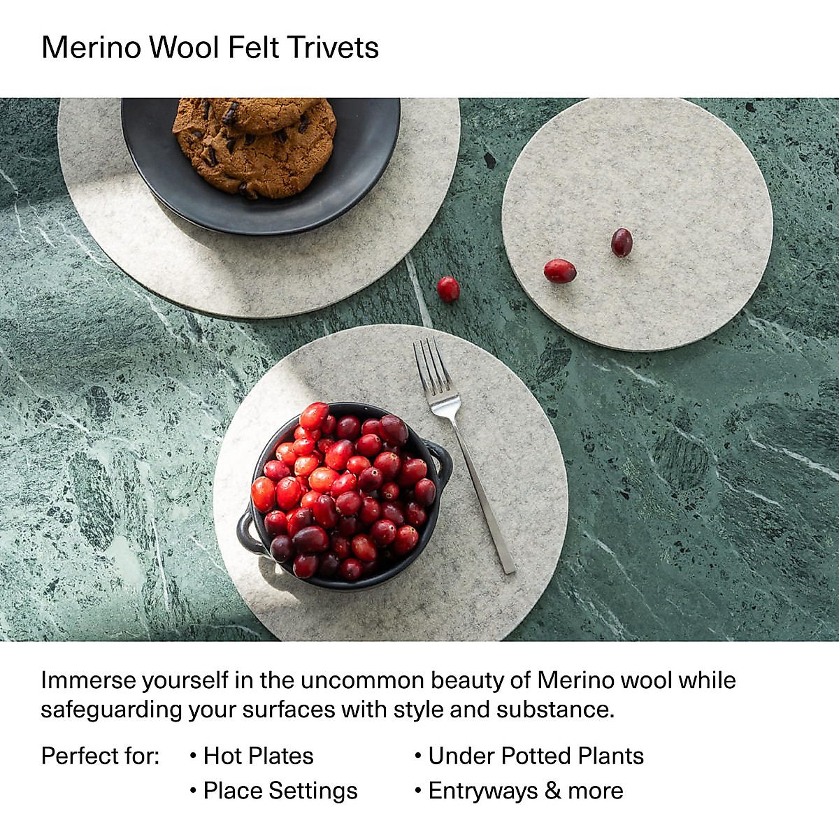 Graf Lantz - Trivets for Hot Dishes - Heat Resistant 100% Merino Wool - Hot Pads for Kitchen, Countertops, Tables, Sizzling Dishes, Pots &amp; Pans - Home Decor, Kitchen Accessories - 8&quot;, Charcoal