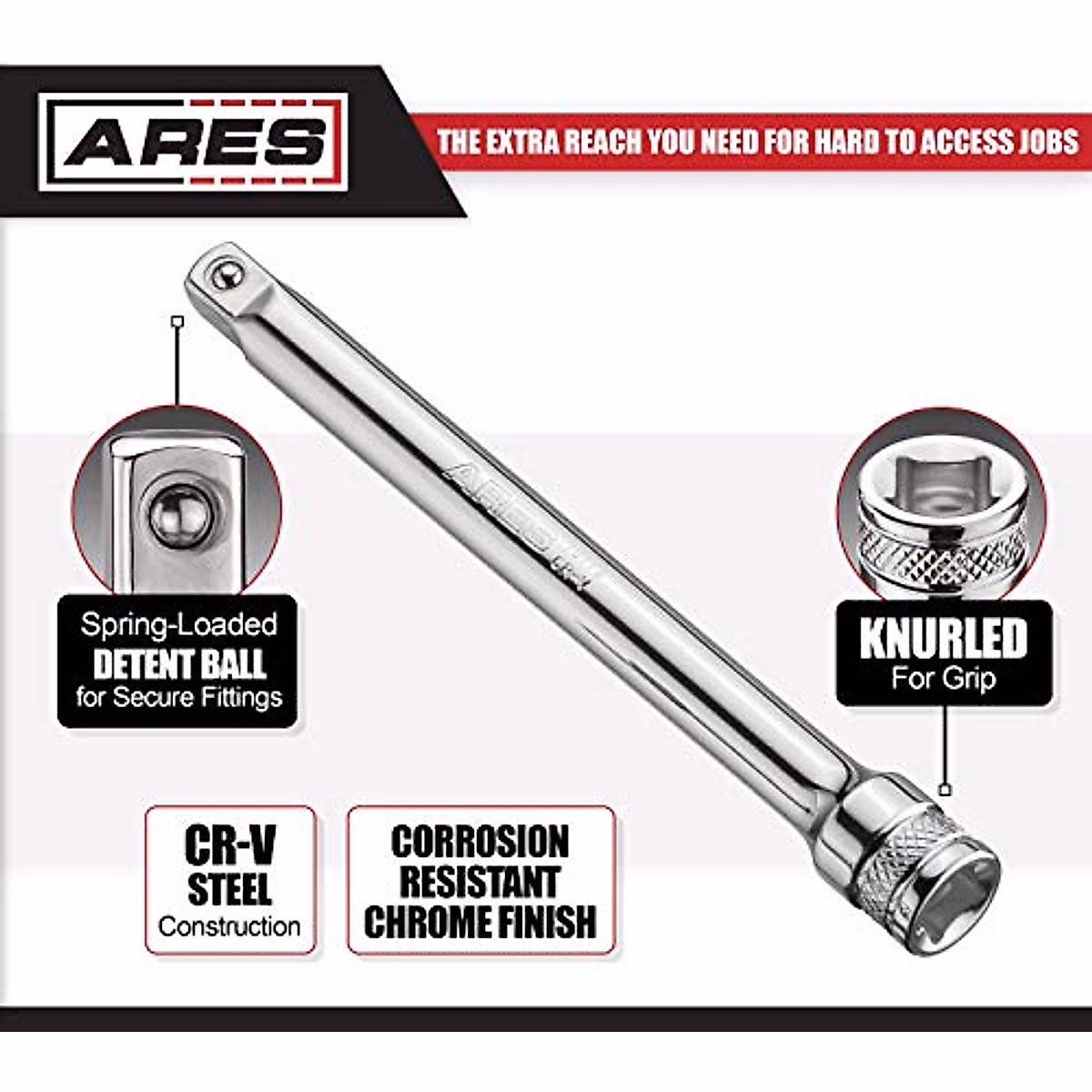 ARES 70243-3-Piece 1/4-Inch Drive Socket Extension Set - Includes 2-Inch, 4-Inch and 6-Inch Extensions - Premium Chrome Vanadium Steel with Mirror Finish