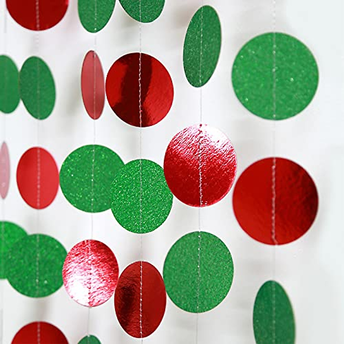 JEYE Red Green Circle Dots Party Garland Banner Decoration Paper Streamer Backdrop Hanging Decor for Birthday Engagement Wedding Christmas Party Decor, Pack of 2, 26 Feet in Total