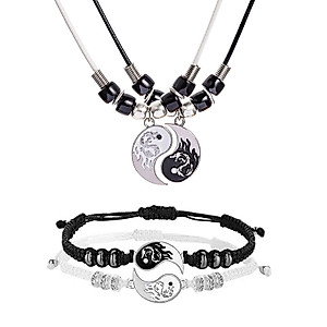 INENIMARTJ 4Pcs Yin Yang Matching Dragon Bracelet Necklaces Set for Women Men,Yin Yang Couple Bracelet Pendant Necklaces for Bff Best Friend (C 4P)