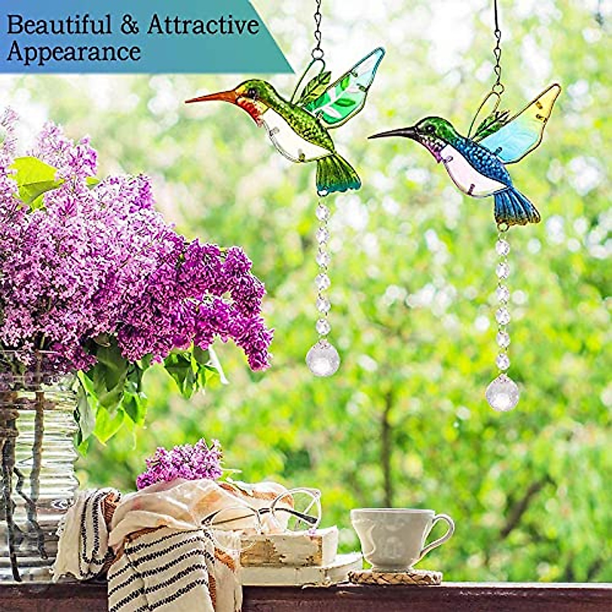 Stained Glass Hummingbird Window Hangings, Indoor Window Hanging Crystals Ornaments, Hanging Clear Crystals Ornament Decoration for Home, Garden, Office (Green)