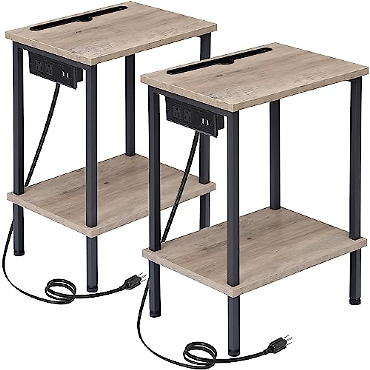 AMHANCIBLE Small Nightstand Set of 2, Side Tables with Charging Station, Night Stand with USB Ports and Outlets, End Tables for Small Space, 2-Tier Storage Shelf, Metal Frame HET032GY