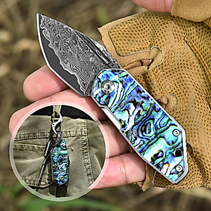 DRACHENADER Small Damascus Pocket Knife for Women and Men Abalone Knife Japanese Keychain Mini Pocket Knife Folding VG10 67 Layers Damascus Steel, birthday Gift Box Included