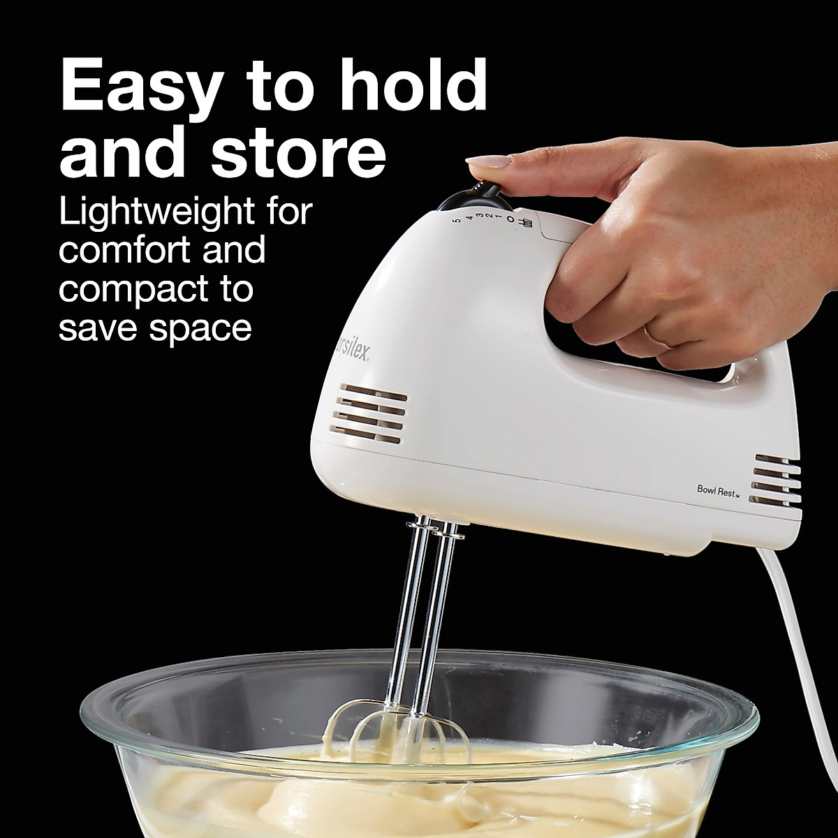 Proctor Silex Easy Mix 5-Speed Electric Hand Mixer with Bowl Rest, Compact and Lightweight, 100 Watts of Peak Power, White (62515PS)