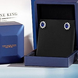 Gem Stone King 925 Sterling Silver Oval 7X5MM Gemstone Birthstone Stud Earrings Princess Diana Royal Halo Style For Women Anniversary Wedding Birthday