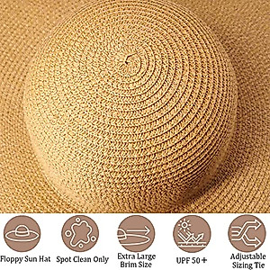 Oversized Beach Straw Hat for Women, Fashion Large Wide Brim Visor Hats Handmade Roll Up Floppy Sun Hat for Summer Beach Cap Khaki