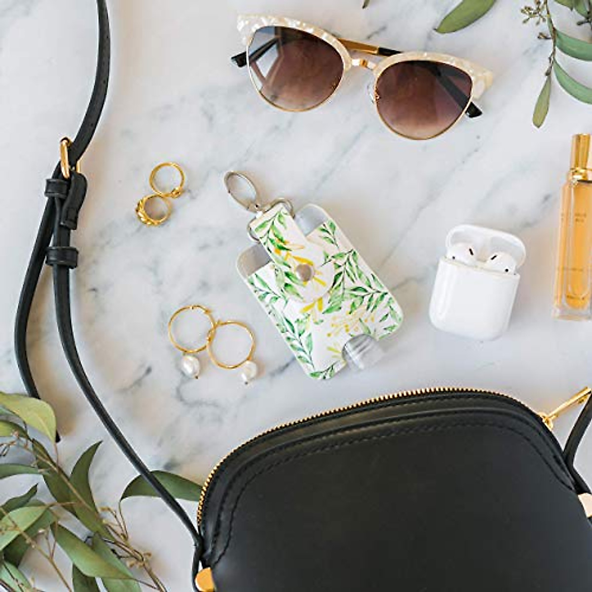 VENTURED LIVING Hand Sanitizer Holder Keychain Set of 2 - Premium Vegan Leather & Leakproof Empty Hand Sanitizer Bottles - Mini Travel Hand Sanitizer Keychain Holder for Backpack & Purse (Black & Tan)