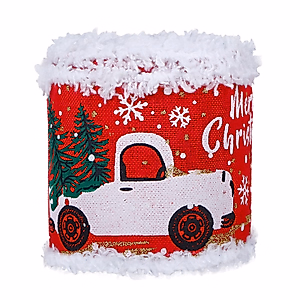 Christmas Ribbon Velvet Wired Edge, 2.5 Inches x 6.5 Yards Merry Christmas Car Snowflake Trees Burlap Ribbon for DIY Wreaths Floral Bow Gift Wrapping Xmas Party Decoration