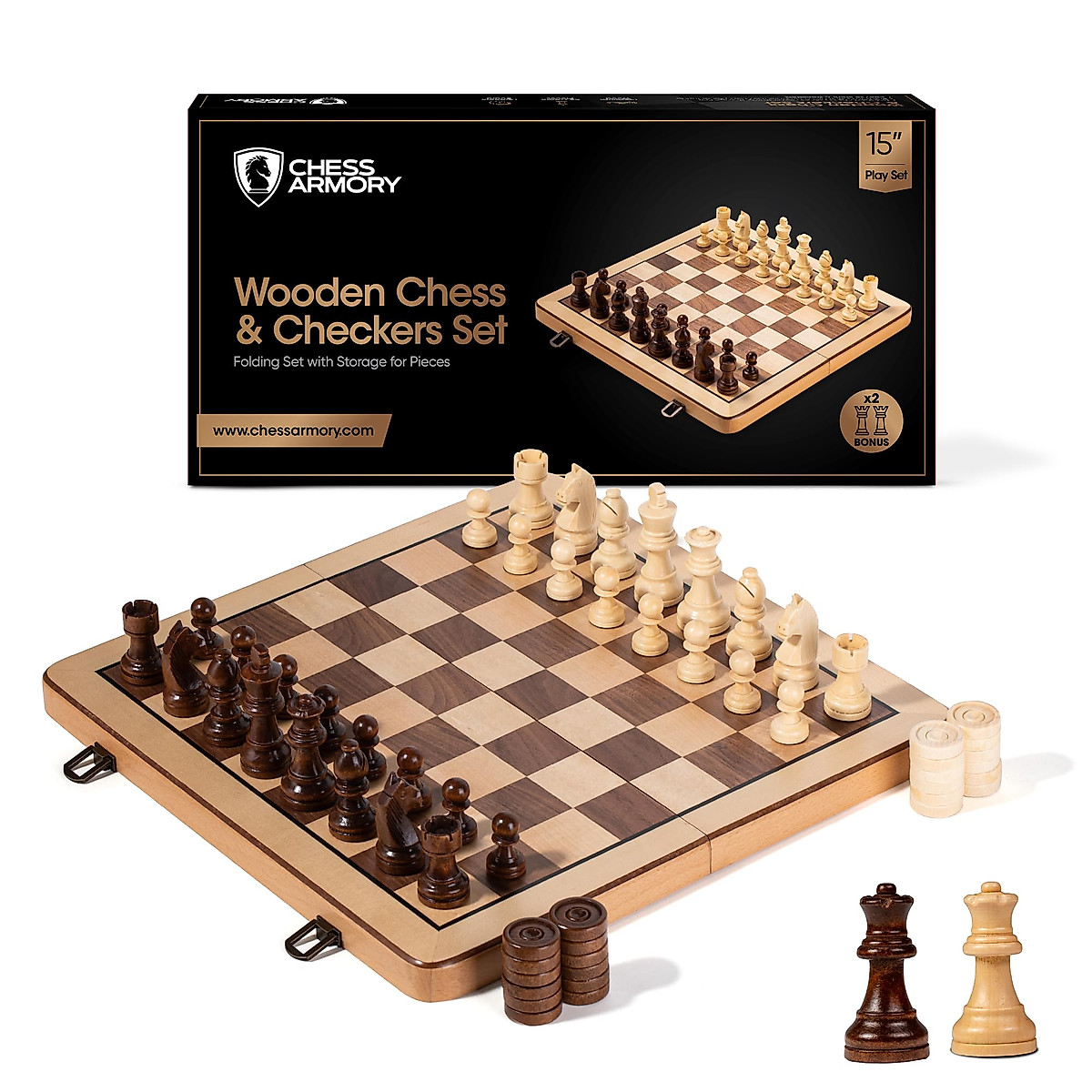 Chess Armory Premium Checkers and Chess Set - Wooden Board Game with a Portable Wood Case and Secure Storage for Pieces, Set for Kids and Adults (Beech Wood)